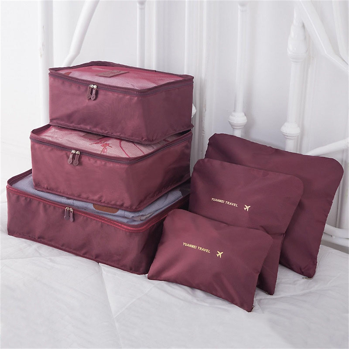 Storage Bags with Shoe Travel Cubes Carry on Packing Luggage Set 6 Organizers Portable Housekepping Packing Room Organizers Boxes for Car Travel Outside Moving Laundry(Burgundy)