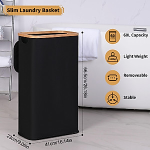 iEGrow 60L Slim Laundry Hamper with Lid,Black Hampers for Laundry,Narrow Laundry Basket with Removable Inner Bag & Bamboo Handles,Tall Thin Clothes Hamper for Clothes Toys Towels Organization