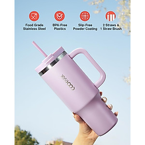 Coolflask 40 oz Tumbler with Handle and Straw Lid, Water Tumbler Insulated with 2-in-1 Leak-proof Lid, Coffee Tumbler Travel Mug Stainless Steel for Cup Holder, Keep Cold 24H Hot 12H, Purple