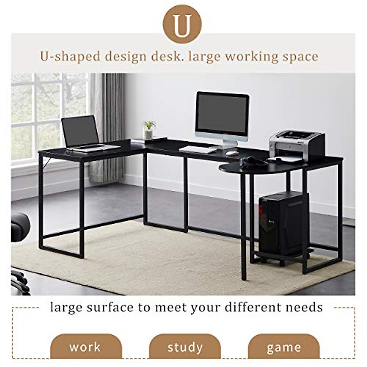 Merax U-Shaped Computer, Industrial Corner Writing CPU Stand, Gaming Table Workstation Home Office Desk, 78.7" L x 47" W x 30.1" H, Black