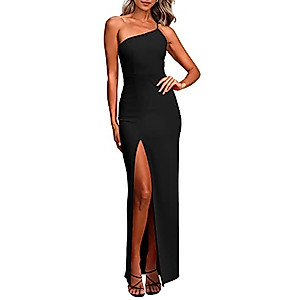 PRETTYGARDEN Women's Summer Formal Wedding Guest Dresses One Shoulder Spaghetti Strap High Slit Maxi Bodycon Dress (Black,Large)