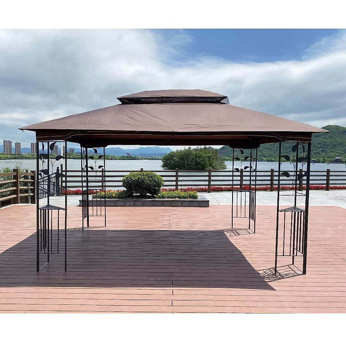 JINS&VICO 13x10 ft Gazebo Double Roof Canopy with Netting and Shaded Curtains, Outdoor Gazebo 2-Tier Hardtop Galvanized Iron Aluminum Frame Garden Tent for Patio, Backyard, Deck and Lawns, Brown