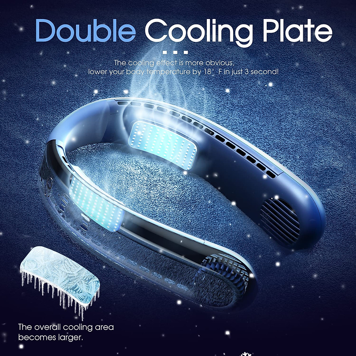 Jawhock Cooling Neck Fan, 3 Speeds Portable Neck Fan With 2 Cooling Plate, 4000 mAh Rechargeable Battery Powered Personal Bladeless Fan for Men Women-Blue