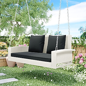 Melpomene 2-Person Wicker Hanging Porch Swing with Chains, Cushion, Pillow, Rattan Swing Bench for Garden, Backyard, Pond. (White+Wicker)