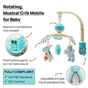 Duomilee Baby Mobile for Crib, Portable Mobile Crib for Baby with Relaxing Music, Rotatable and Length-Adjustable, Nursery Mobiles for Bassinet with Animals Toys for Newborn Aged 0-5 Months(Blue)