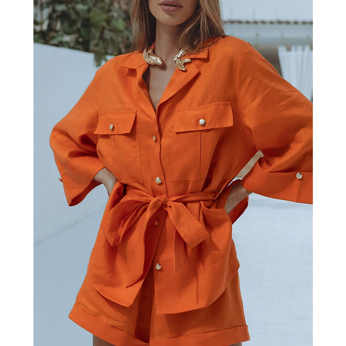 Fixmatti Womens Button Down Shirt and Shorts Set V Neck Half Sleeve Belted Sweatsuits Linen Outfits Orange M