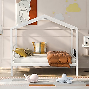 Full House Bed for Kids Montessori Bed with Headboard and Storage Footboard Wood Platform Bed Frame White House Beds for Girls Boys Teens Adults, Full Size, White
