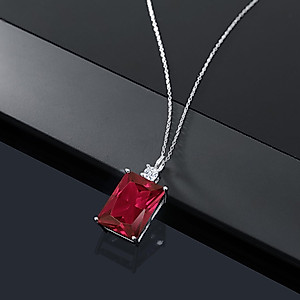 Gem Stone King 20.00 Cttw Red Created Ruby Pendant Necklace For Women In 925 Sterling Silver | Emerald Cut 18X13MM | With 18 Inch Silver Chain