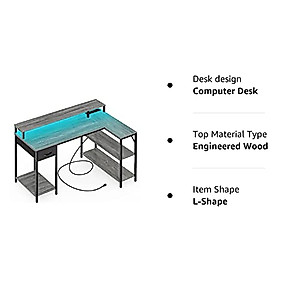 SUPERJARE L Shaped Gaming Desk with LED Lights & Power Outlets, Reversible Computer Desk with Shelves & Drawer, Corner Desk Home Office Desk, Gray