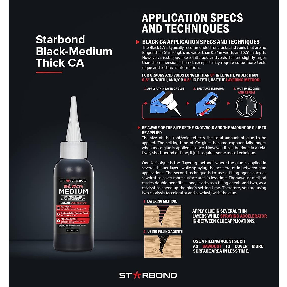 Premium Grade Cyanoacrylate (CA) Super Glue by STARBOND - 2 OZ PRO Pack (56-Gram) - Black Medium-Thick Knot Filler 500 CPS Viscosity Adhesive for Woodworking, Woodturning, Carpentry