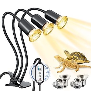 TFNN Reptile Heat Lamp, Three Head Reptile Light with Cycle Timer,UVA UVB light, dimmable Basking lamp for Tortoise, Bearded Dragon, Lizard, Snake, E26/27 Base with 4 Bulbs (50W)-Black