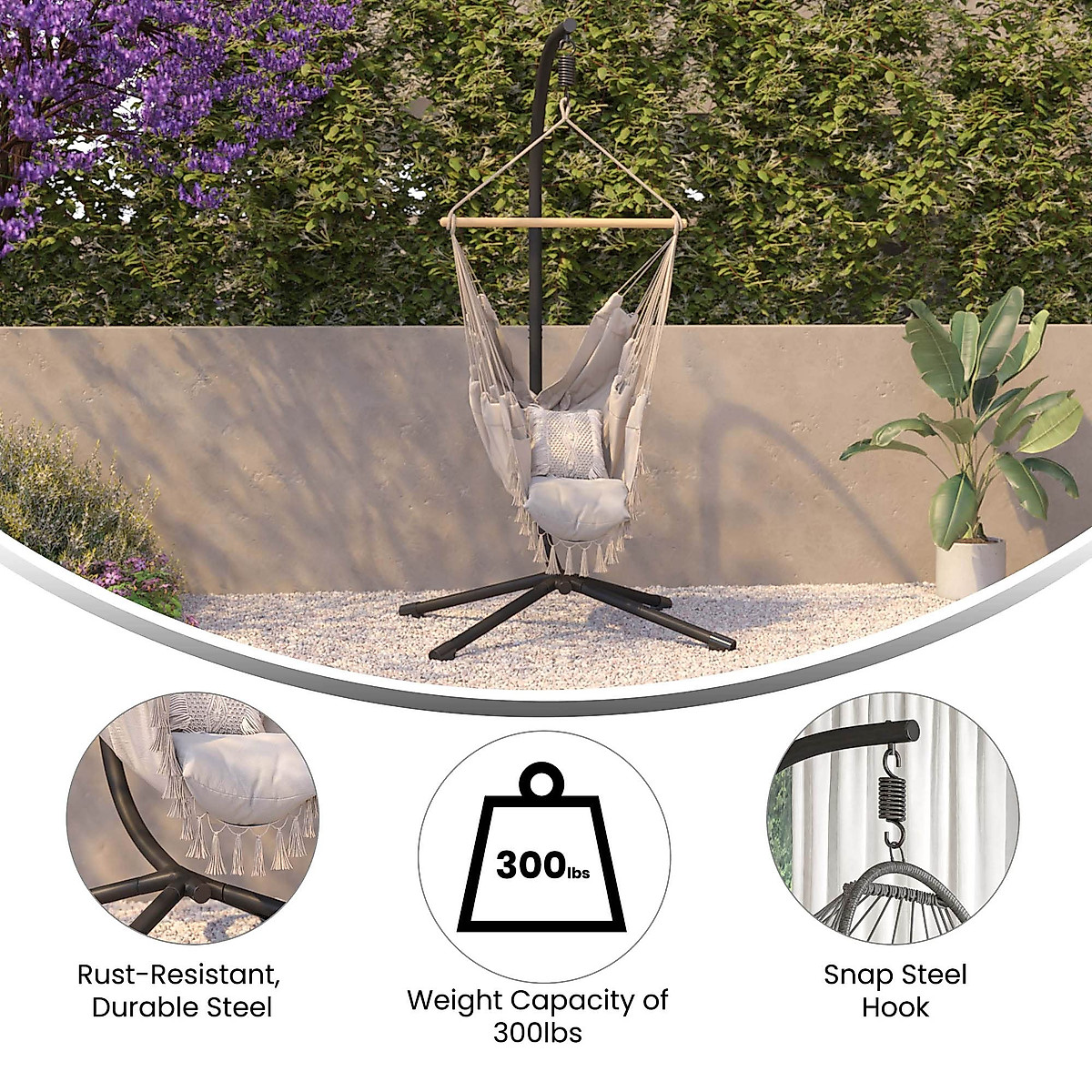 Flash Furniture Harvo Commercial All-Weather Hanging Hammock Chair C-Stand - Black Heavy Duty Steel Offset Base - Included Hardware - 360 Degree Rotation