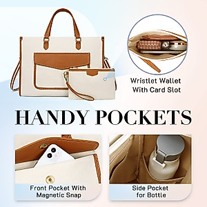 Missnine Tote Bag Canvas Laptop Bag for Women 15.6 inch Casual Work Bags with Clutch Purse Computer Shoulder Bag 2 PCS Set for Travel, Office, College