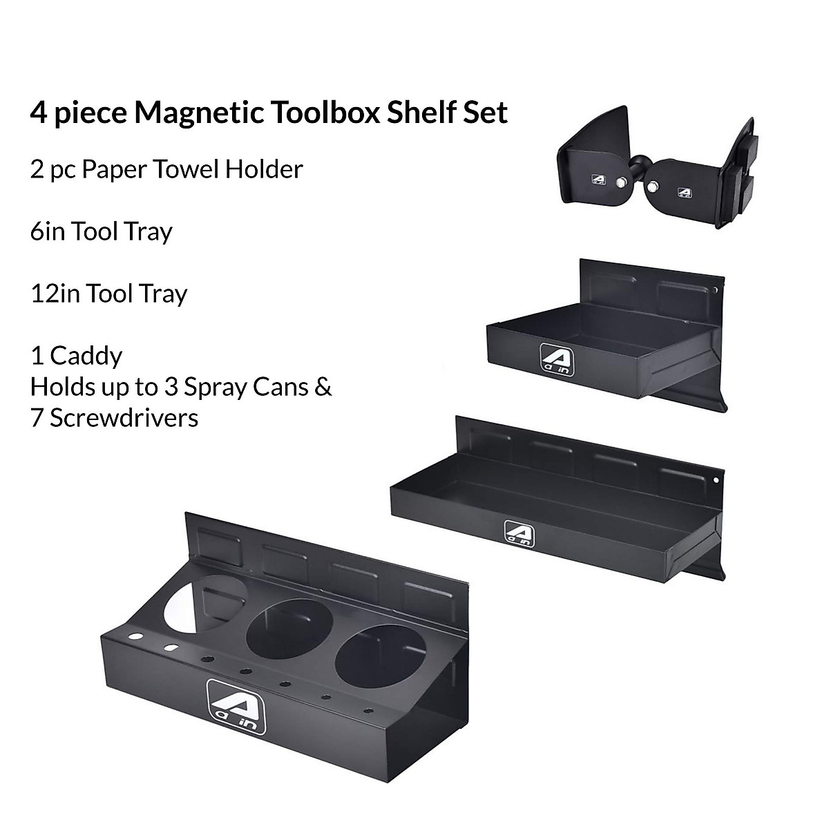 Eisen trayset 4pc Magnetic Toolbox Tray Set, Magnetic Tool Box holder for Cabinet Side Shelf Storage Van Workshop, Tool Trays, Paper Towel Holder and Spray Can Holder, Black