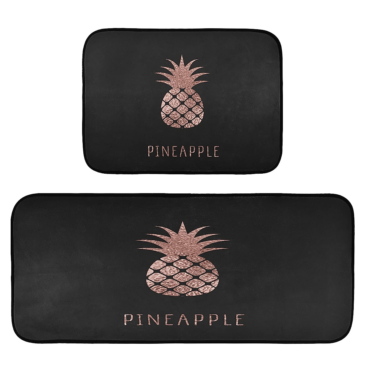 ALAZA Rose Gold Pineapple Black 2 Piece Kitchen Rug Floor Mat Set Runner Rugs Non-Slip for Kitchen Laundry Office 20" x 28" + 20" x 48"