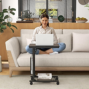 Tangkula Rolling Height Adjustable C Table, Mobile End Table with Detachable Wheels, Side Basket and Bottom Mesh Storage, Space-saving Slide Under Sofa Table for Living Room Bedroom