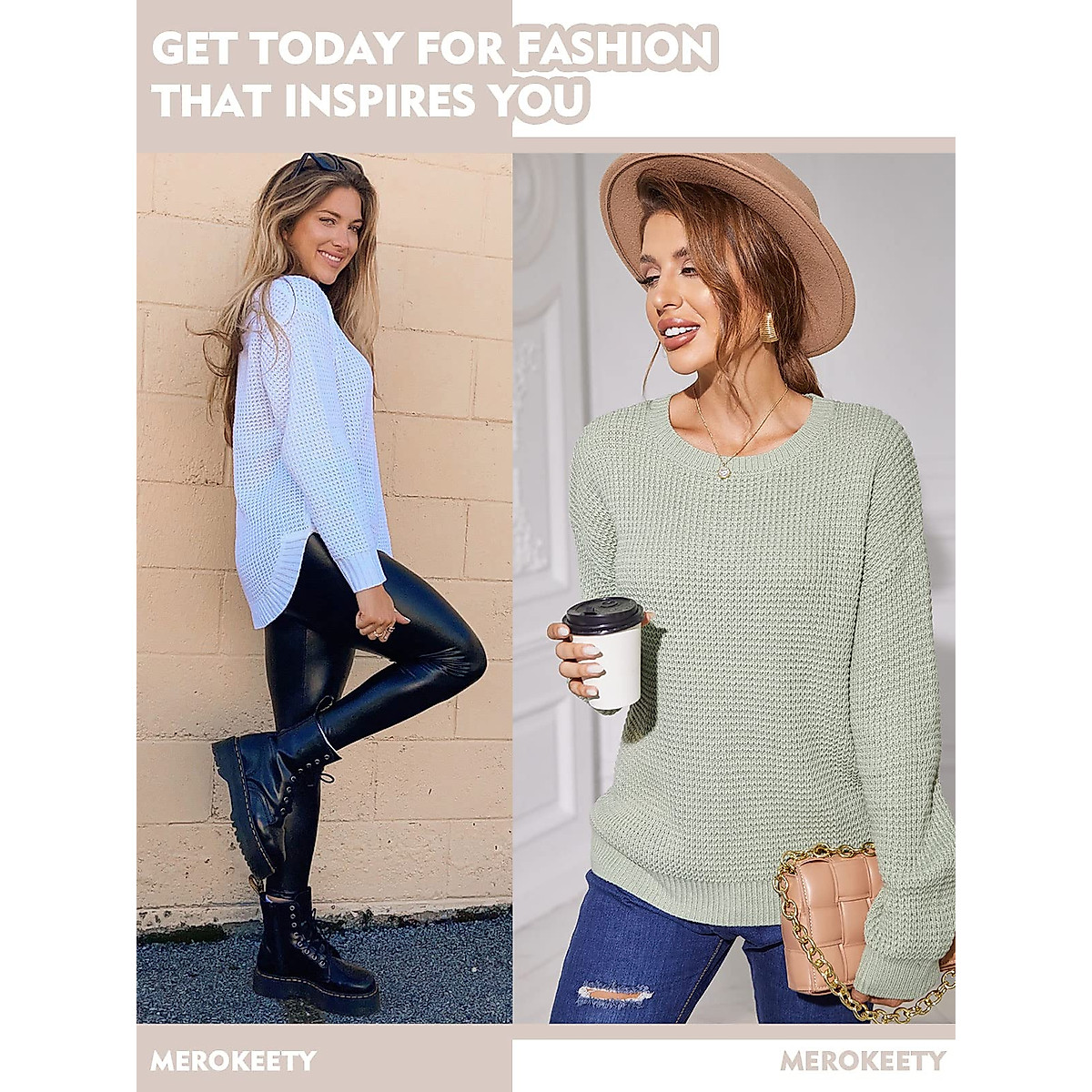 MEROKEETY Women's 2024 Long Sleeve Waffle Knit Sweater Crew Neck Solid Color Pullover Jumper Tops Beige