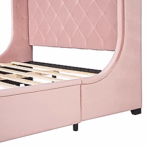 FIQHOME Queen Size Storage Bed,Velvet Upholstered Platform Bed with Wingback Headboard,Solid Wood Bed Frame with a Big Drawer,for Bedroom Guestroom,Easy Assembly,Pink