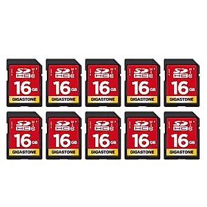Gigastone 16GB 10-Pack SD Card UHS-I U1 Class 10 SDHC Memory Card High-Speed Full HD Video Canon Nikon Sony Pentax Kodak Olympus Panasonic Digital Camera, with 10 Mini Cases