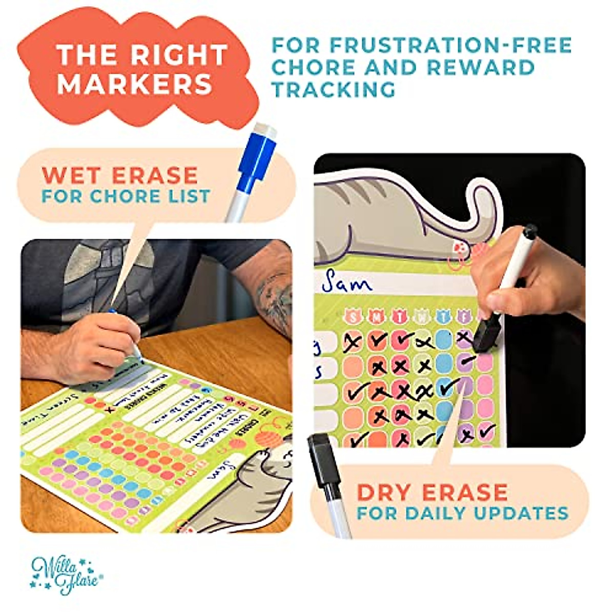 Willa Flare Fridge Chore Charts | Magnetic Chore Chart For Multiple Kids and Adults | Helps to Reward Responsibility with Family Chores Charts | Wet and Dry Markers (Gray Cat Weekly and Brown Ca)