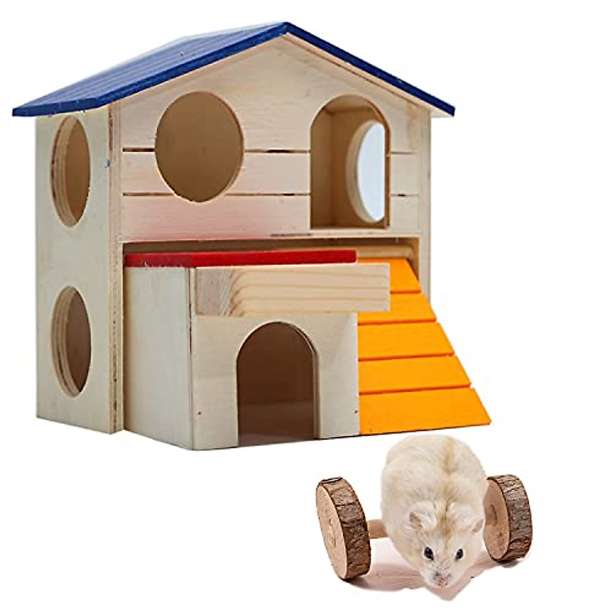 FORZENA Pet Small Animal Hideout Hamster House Deluxe Two Layers Wooden Hut Play Toys Chews Color Sepak Takraw and Barbell