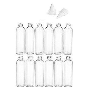 Premium Essential Oil 4 Ounce Cosmo Round Bottles, PET Plastic Empty Refillable BPA-Free, with White Twist Top Caps (Pack of 12) (Clear)