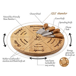 Permaggio Wine Pairing Cheese Board and Knife Set, Wine and Cheese Serving Set Lazy Susan Tray, 12.5" Natural Moso Bamboo Charcuterie Platter, Perfect Hostess Gift, Swivel Server Cheeseboard Gift Set