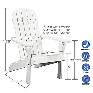 Vobelta Adirondack Chair, Premium Poly Lumber, Heavy Duty, Weatherproof, Recyclable Plastic, Outdoor Garden Patio Poolside Adirondack Chairs, Classic Collection (White)