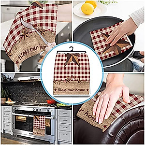 ArneCase Kitchen Towels Super Soft Dish Towels Bless Our Home Western Texas Star with Berries on Retro Red Plaid Heat-Insulation Dish Cloths for Cooking, Cleaning 3PCS-18x28 inch
