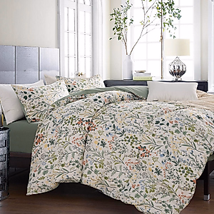 BUPIRD Floral Twin Duvet Cover 100% Soft Cotton 3 Pieces Flower Bedding Set for Girls Fresh Chic Garden Style Green Botanical Floral Pattern Printed Twin Flower Duvet Cover, with Zipper Closure