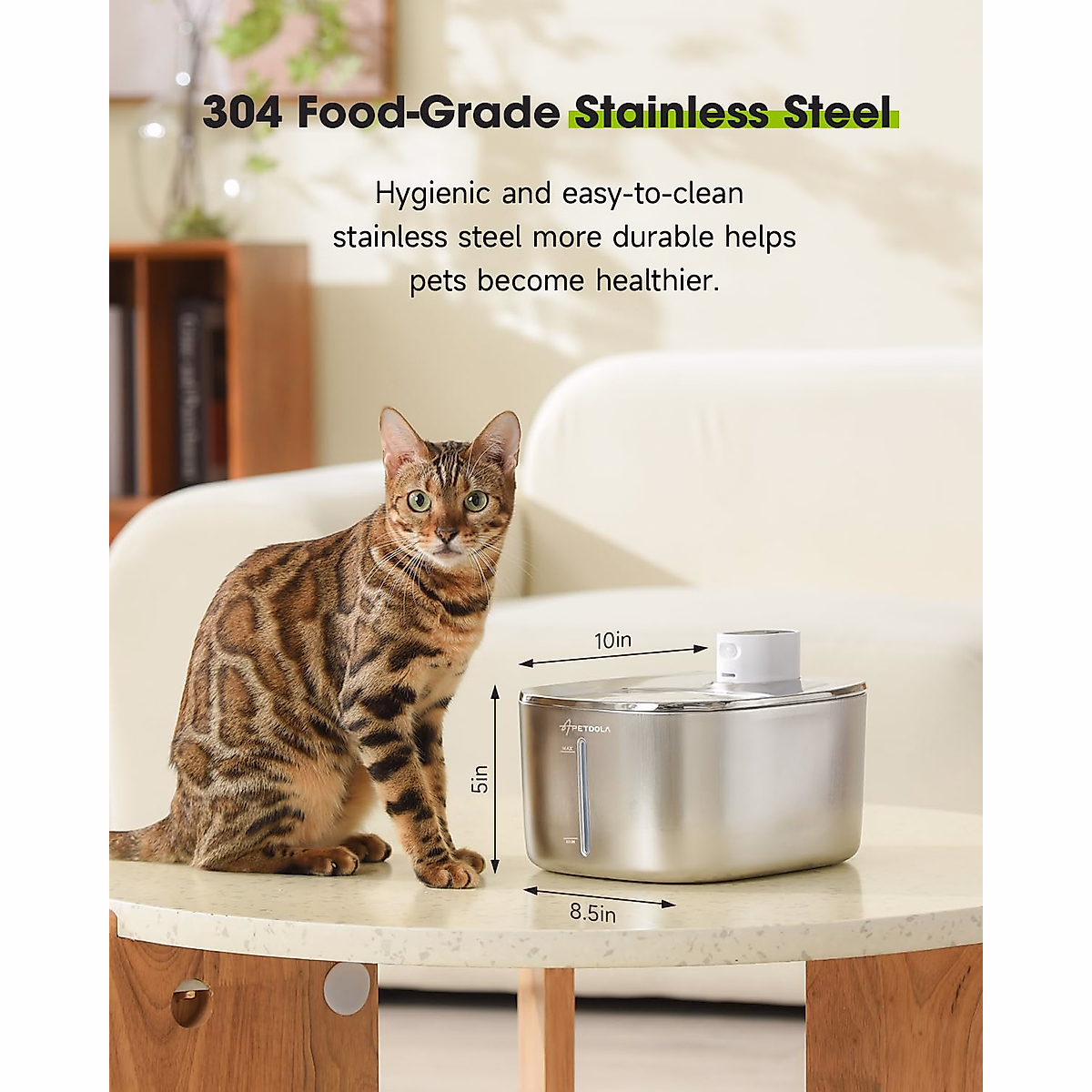 APD APETDOLA Wireless Cat Water Fountain, 135 fl oz/4L Battery Operated Cat Fountain Stainless Steel with Water Level Window, 3 Work Modes, Cordless Pet water Fountain for Cats, Dogs, Pets, Inside