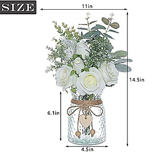Faux Flowers with Vase,Artificial Silk Roses in Vase, Fake Plant Eucalyptus Flower Arrangement for Home Office Farmhouse Bathroom Dining Table Centerpiece Decorations Coffee Table Decor (White)
