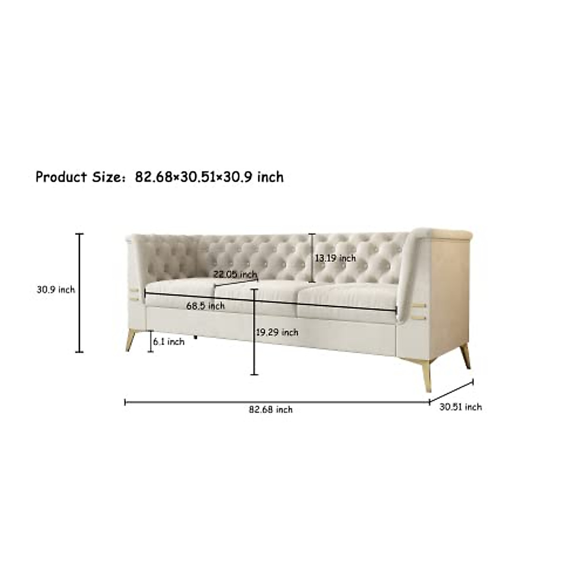 MeiBoAll 83" Beige Chesterfield Velvet Sofa Couch Button-Tufted Accenting with Flared Arm&Metal Legs Removable Cushion Seat, Retro Modern Contemporary Chesterfield 3 Seat Sofa for Livingroom Furniture