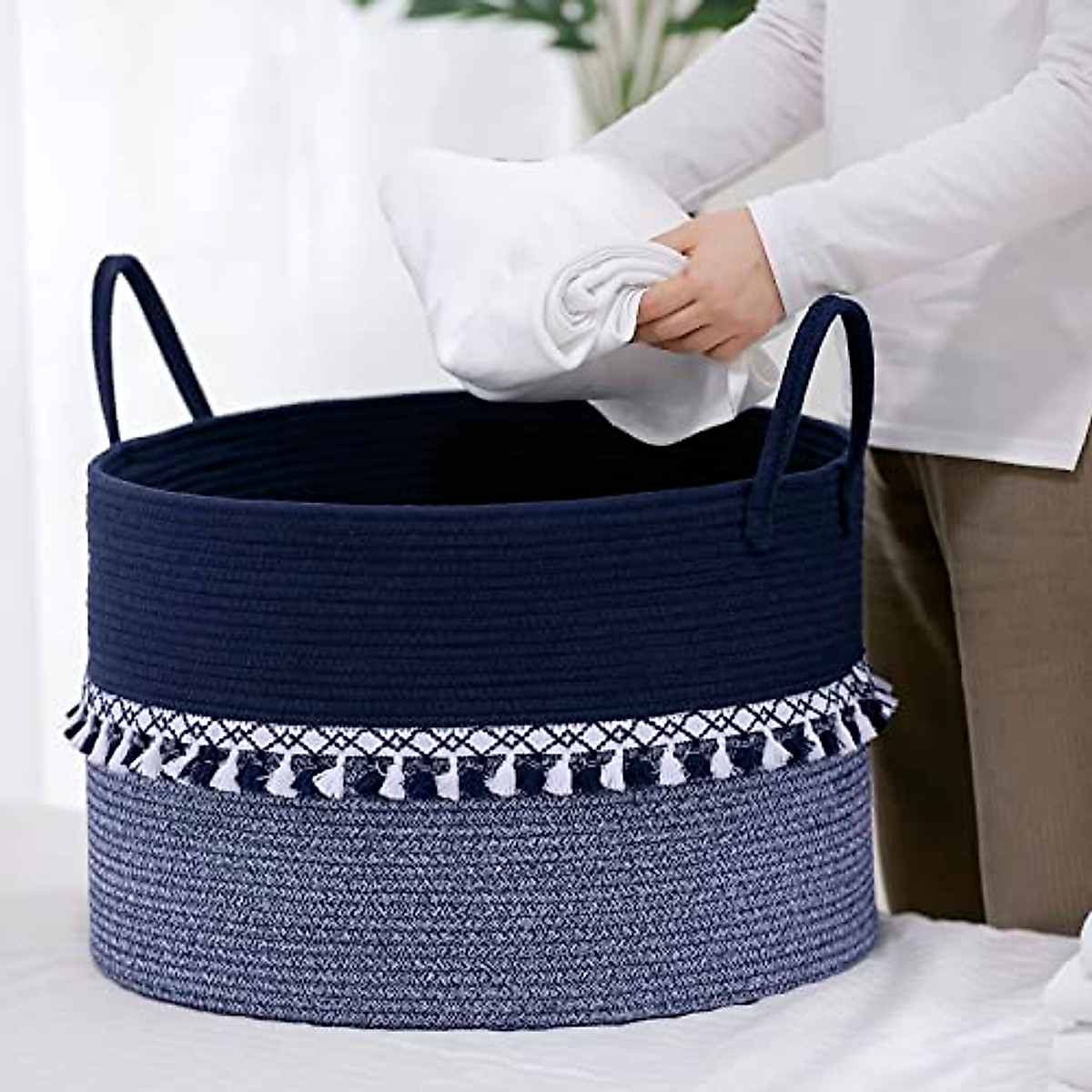 ZuiJia Shenghuo XXXLarge cotton Rope toy Basket-21.7"x21.7"x13.8"Baby Laundry Blanket Basket for storage-Extra Large Toy Bin with Handles-Living Room Bedroom Laundry Tassel Decor basket-Navy blue