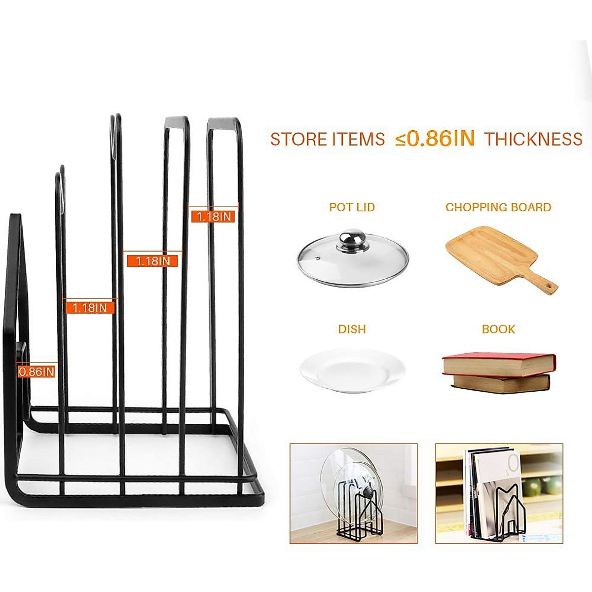 Kitchen Bakeware Pot Lid Rack Holder, 4 Slots Multifunctional Kitchen Organizer Metal Storage Shelf for Cookware, Chopping Cutting Board, Counter Cabinet, Plates, Dishes