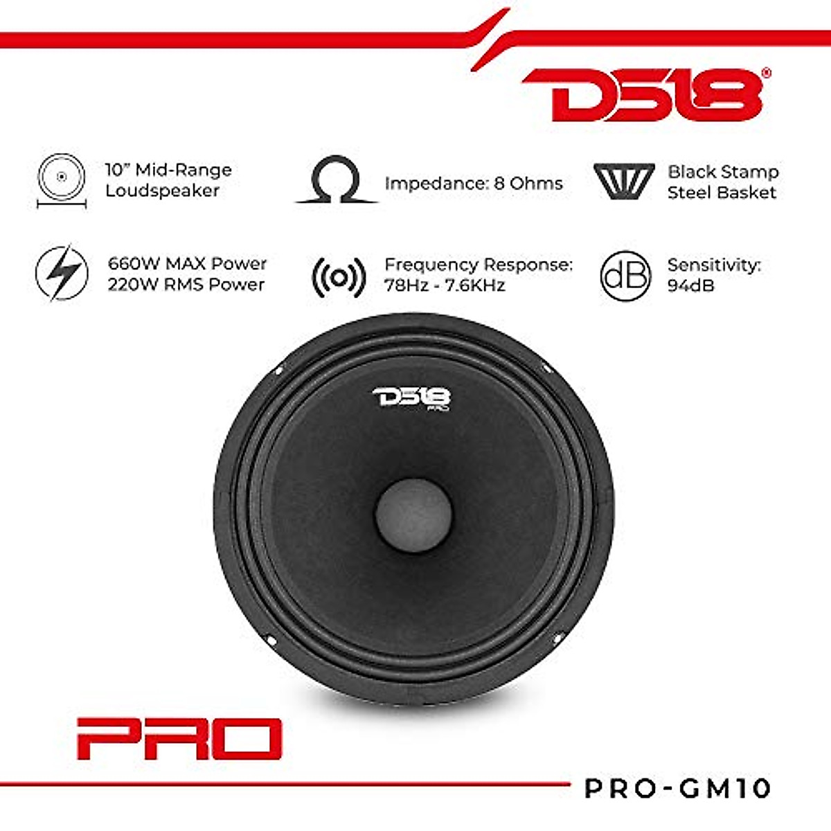 DS18 PRO-GM10 Loudspeaker - 10", Midrange, Black Steel Basket, 660W Max, 220W RMS, 8 Ohms - Premium Quality Audio Door Speakers for Car or Truck Stereo Sound System (1 Speaker)