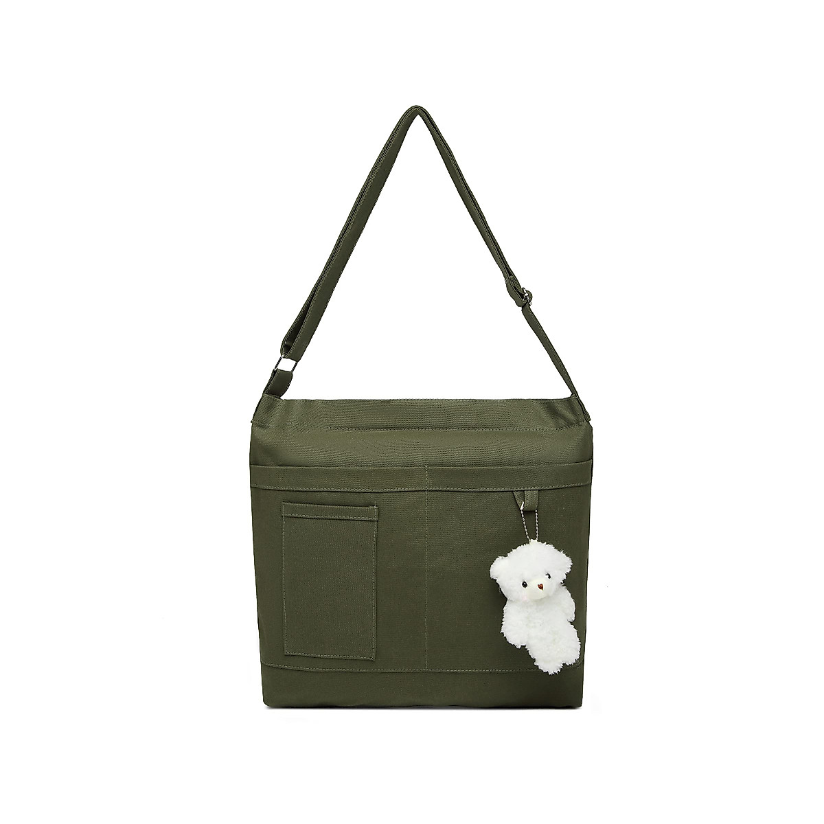 Covelin Womens Canvas Bag with Bear Pendant Crossbody Purse Top Zip Shoulder Handbag Army Green