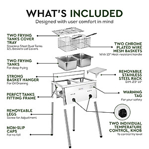 Bioexcel Two Tank Outdoor Deep Fryer with Thermometer Fish Fryer, CSA Certified Propane Deep Fryer with 2 Stainless Steel Baskets and Lids Gas Deep Fryer with Adjustable Temperature Regulator