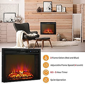 COSTWAY 26-Inch Electric Fireplace Inserts, 750W/1500W Wall Recessed and Freestanding Fireplace with Remote Control, 2 Flame Colors, 4 Brightness Settings, 5H Timer, Fireplace Heater for Indoor Use