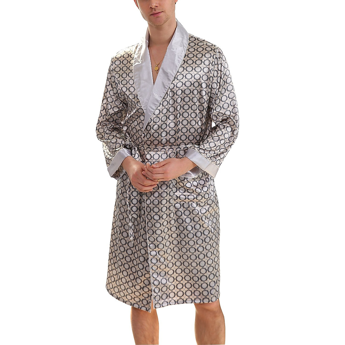 BridalAffair Men's Summer Luxurious Kimono Robe Soft Satin Bathrobe Long-Sleeve Nightgown Printed Pajamas Silver Gray, Large/X-Large
