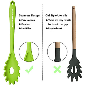 Silicone Cooking Spoons, Heat Resistant Large Silicone Pasta Slotted Spoon Solid Basting Spoon set for Nonstick Cookware, BPA Free Black Kitchen Silicone Spoons set for Mixing, Serving, Draining Green