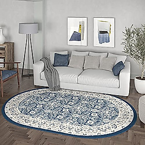 Tillie Dark Blue 5x8 Oval Area Rug - Area Rugs for Living Room Bedroom Dining Room Entryway Kitchen Bath Indoor Entry - Floral Carpet - Alfombras para Salas