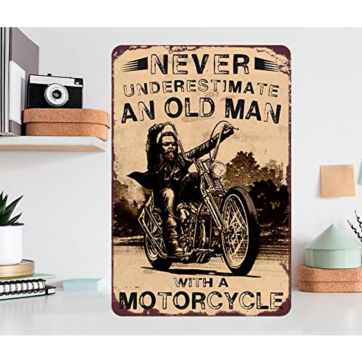 THANIGHT Retro Poster Wall Art Decor Tin Sign - Never Underestimate An Old Man With A Motorcycle Funny For Men Boys Bedroom Décor Sports Posters Landscape Office Room Gift 8X12 Inch, 8 x 12 Inch