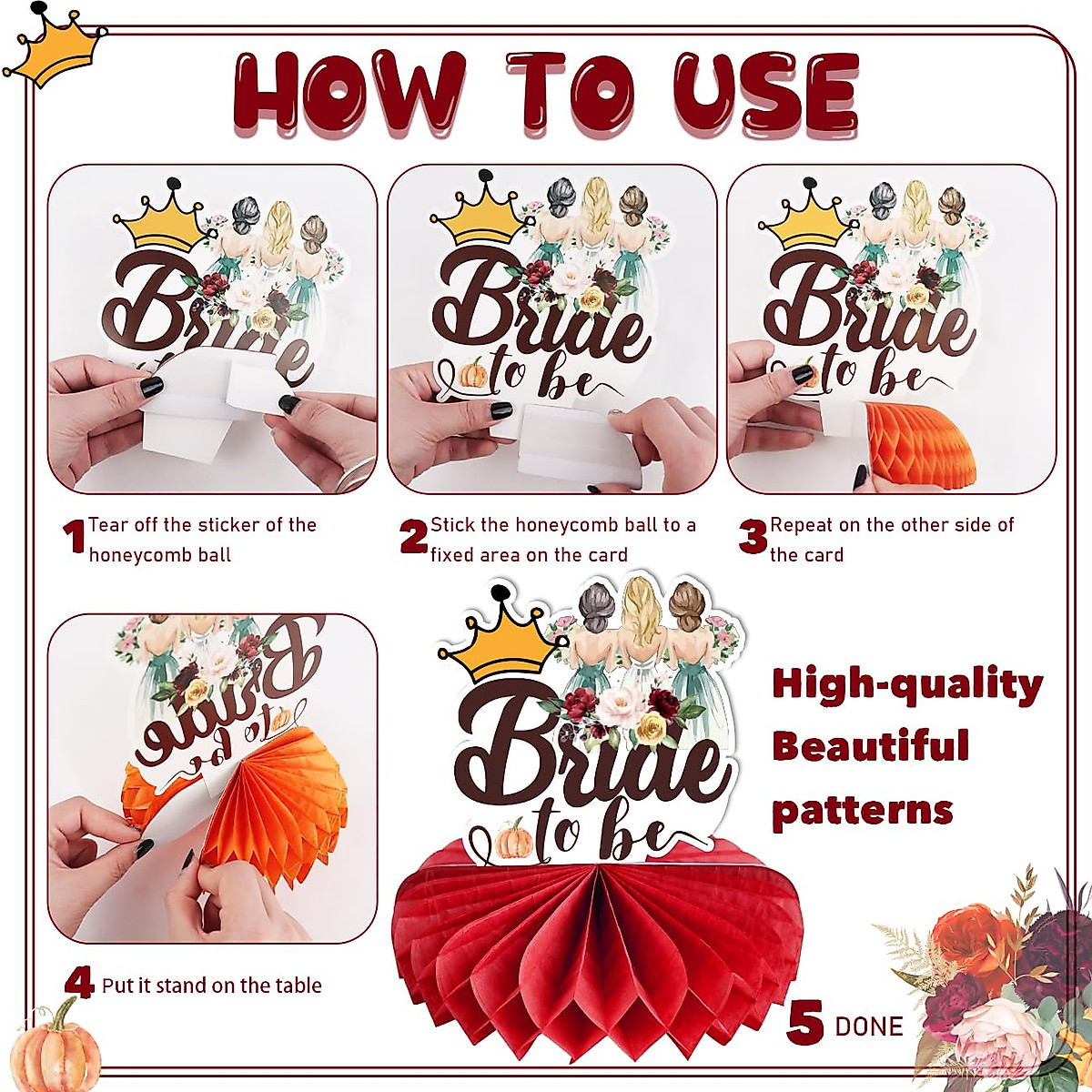 9 Pcs Fall Wedding Honeycomb Centerpieces Bachelorette Party Decorations Bride to Be Floral Little Pumpkin Table Topper Center Piece Fall Theme Miss to Mrs Bridal Shower Engagement Party Supplies