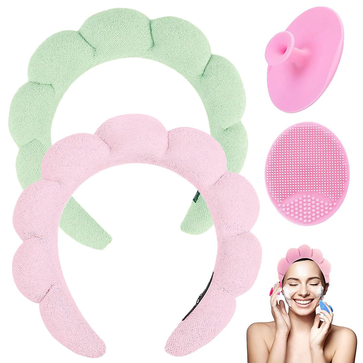 Ruiwen Hair Spa Headband for Washing Face, 3 Pink+Light Green Terry Cloth Headbands, Facial Exfoliator, Face Scrubber, Bubble Soft Puffy Skincare Headbands for Makeup Removal, Women's Product