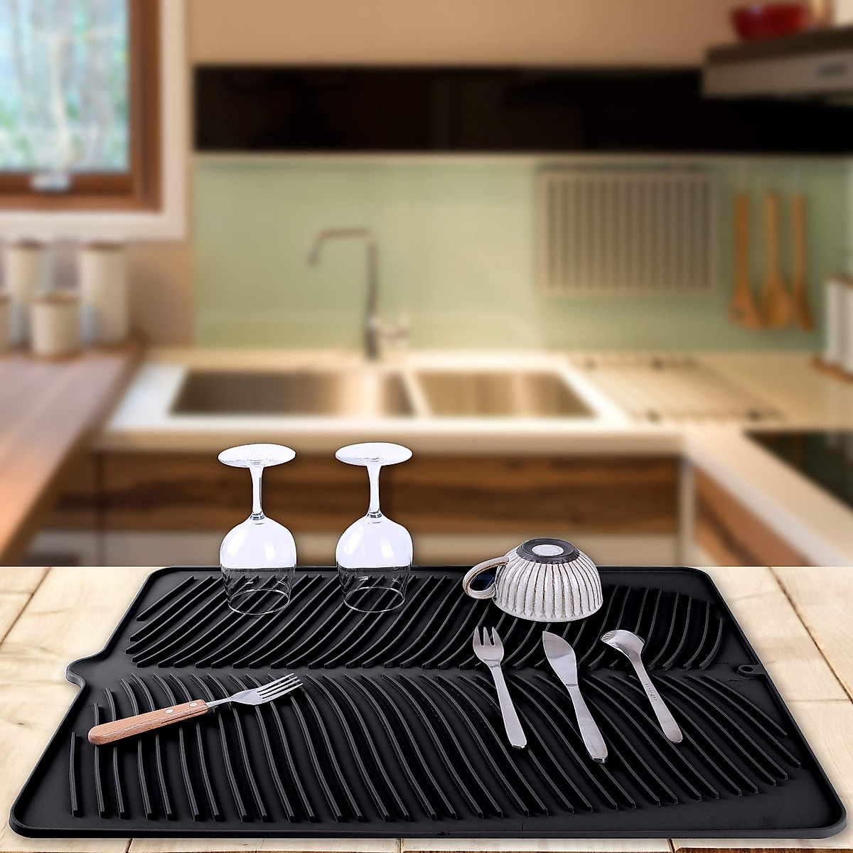 Yacee 100% Waterproof BPA Free Silicone Dish Drying Mat - 24" x 18" x 0.3" Large Drainer Mat Protection Heat Resistant Trivet Counter Top Mat Sink Non Slip Dish Draining Mat Dish Washer(XL, Black)