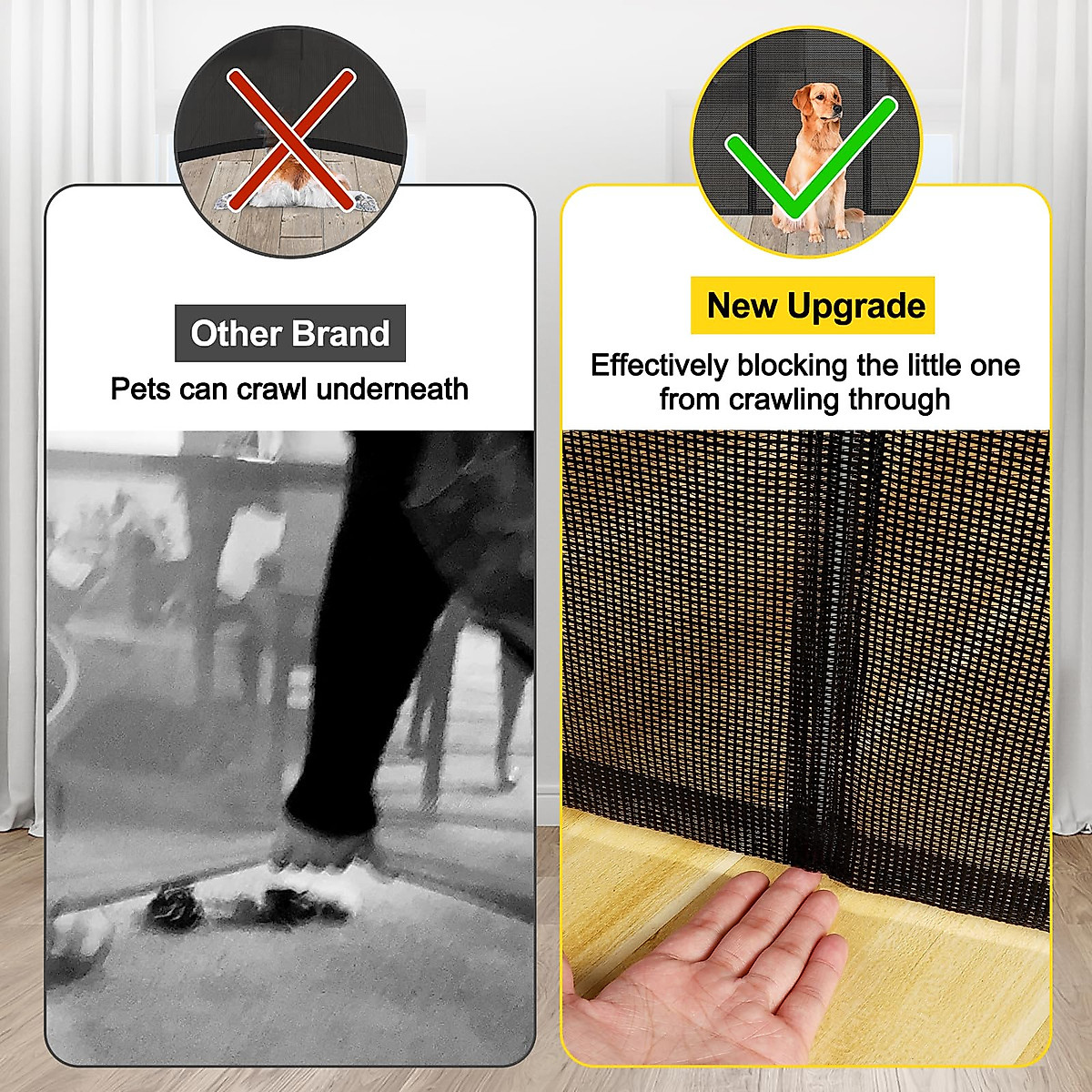 Enhanced 42” Extra Tall & 80” Wide Retractable Baby Gates with Rods to Prevent Crawling Through, Extra Tall Pet Gate for Large Openings Indoor Long Mesh Dog Gate for Stairs and Doorways, Black