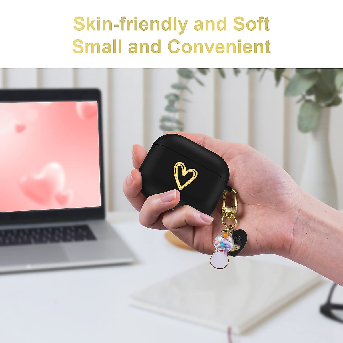 Aiiko for Airpod Case 3rd Generation with Cute Rabbit Lucky Ball Keychain Golden Heart Pattern Soft TPU Shockproof Protective Airpod 3 Case Cover for Girls Women-Black