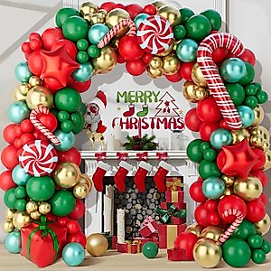 Christmas Balloons Garland Arch Kit, 150Pcs Christmas Garland with Red Green Gold Candy Cane Balloons Red Star Balloons, Christmas Arch for Christmas Party, Xmas Decorations Backdrop for Indoors