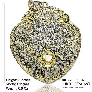 MAXBLING81 FASHION HIP HOP RAPPER STYLE ICED SIMULATED DIAMOND GOLD SILVER PLATED JUMBO LARGE LION HEAD CHARM PENDANT & 14mm 18" 20" 24" ZIG ZAG CUBAN BOX LOCK CHAIN NECKLACE GIFT (24" CHAIN, GOLD)